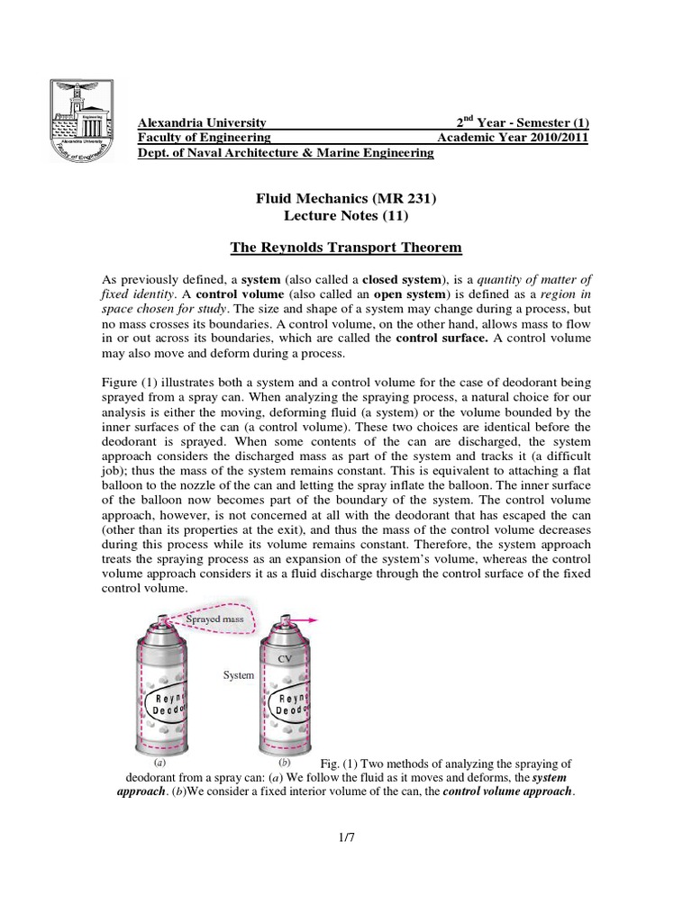 Fluid Mechanics (MR 231) Lecture Notes (11) The Reynolds Transport ...