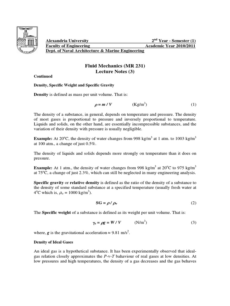 Fluid Mechanics (MR 231) Lecture Notes (3) : Continued Density ...