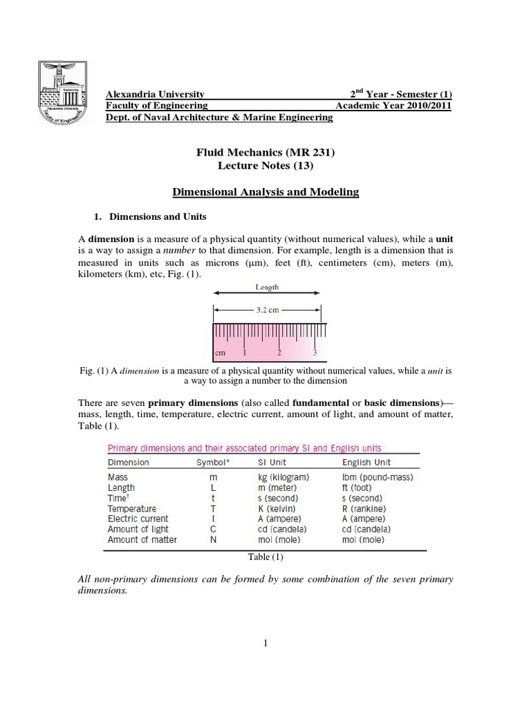 Fluid Mechanics (MR 231) Lecture Notes (13) Dimensional Analysis and ...