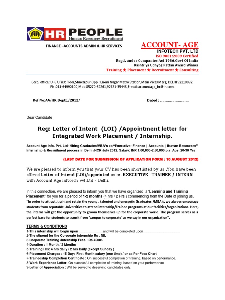 Account-Age: Reg: Letter of Intent (LOI) /appointment Letter For ...