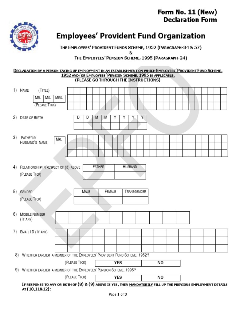 Employees' Provident Fund Organization: Form No. 11 (New) Declaration ...