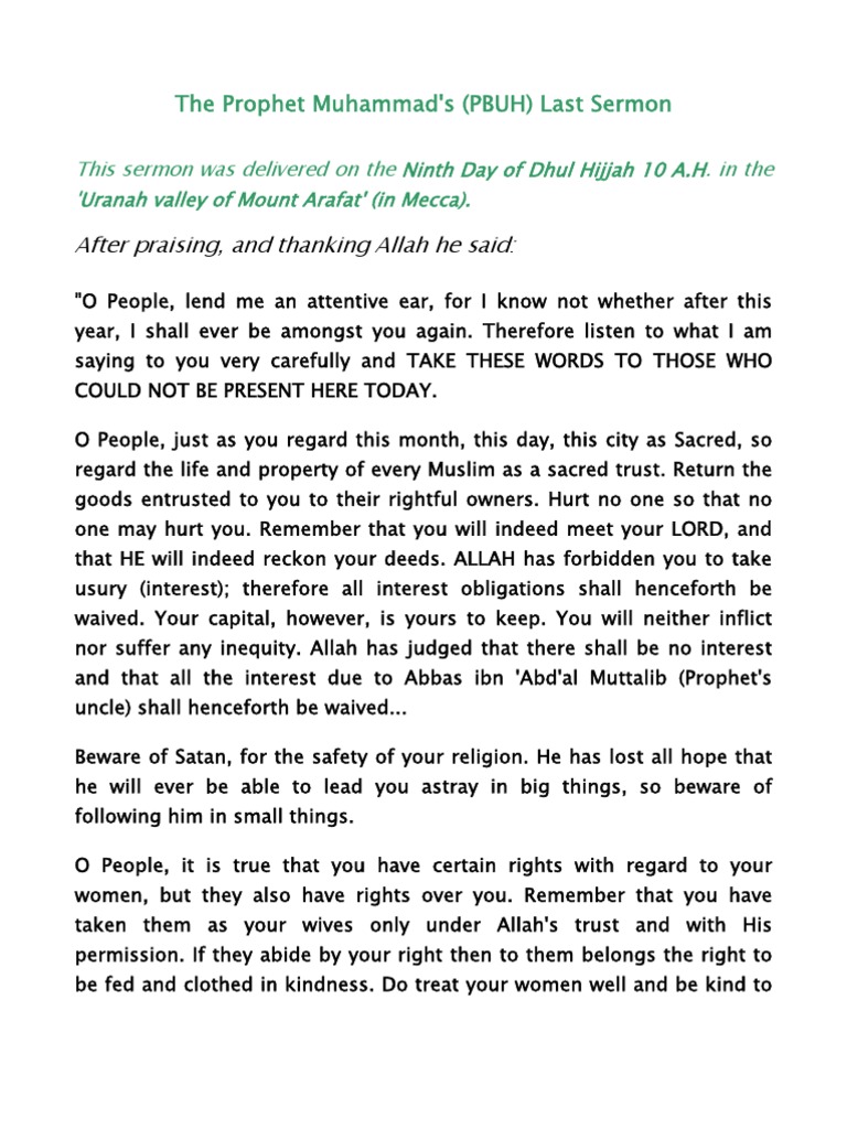 The Prophet Muhammad's (PBUH) Last Sermon | PDF | Muhammad | Muslim