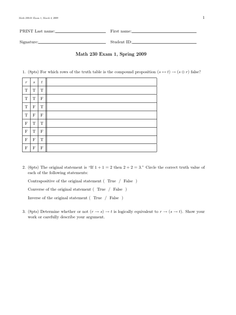 Math 230 Exam 1, Spring 2009 | PDF | Contradiction | Logic