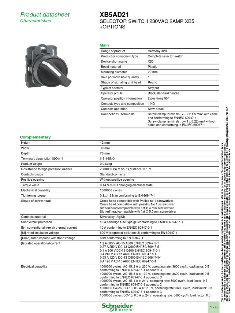 XB5AD21 2 Position Maintenance Switch | PDF | Screw | Switch