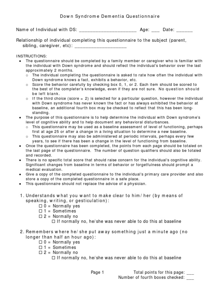 Down Syndrome Dementia Questionnaire | PDF | Dementia | Caregiver