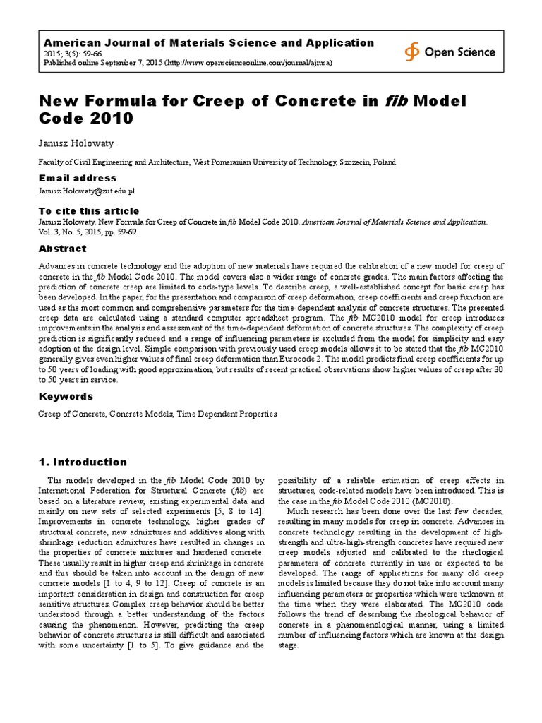 New Formula For Creep of Concrete in Fib Model Code 2010 | PDF | Creep ...