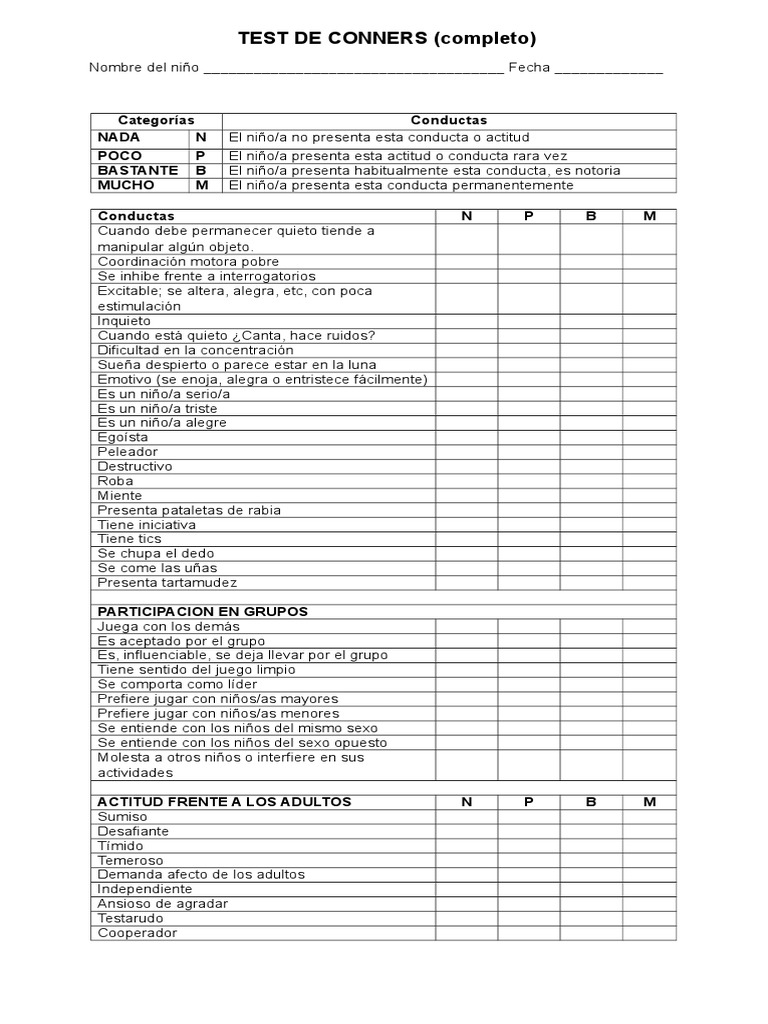 TEST DE CONNERS (Completo) | PDF | Sicología | Conceptos psicologicos