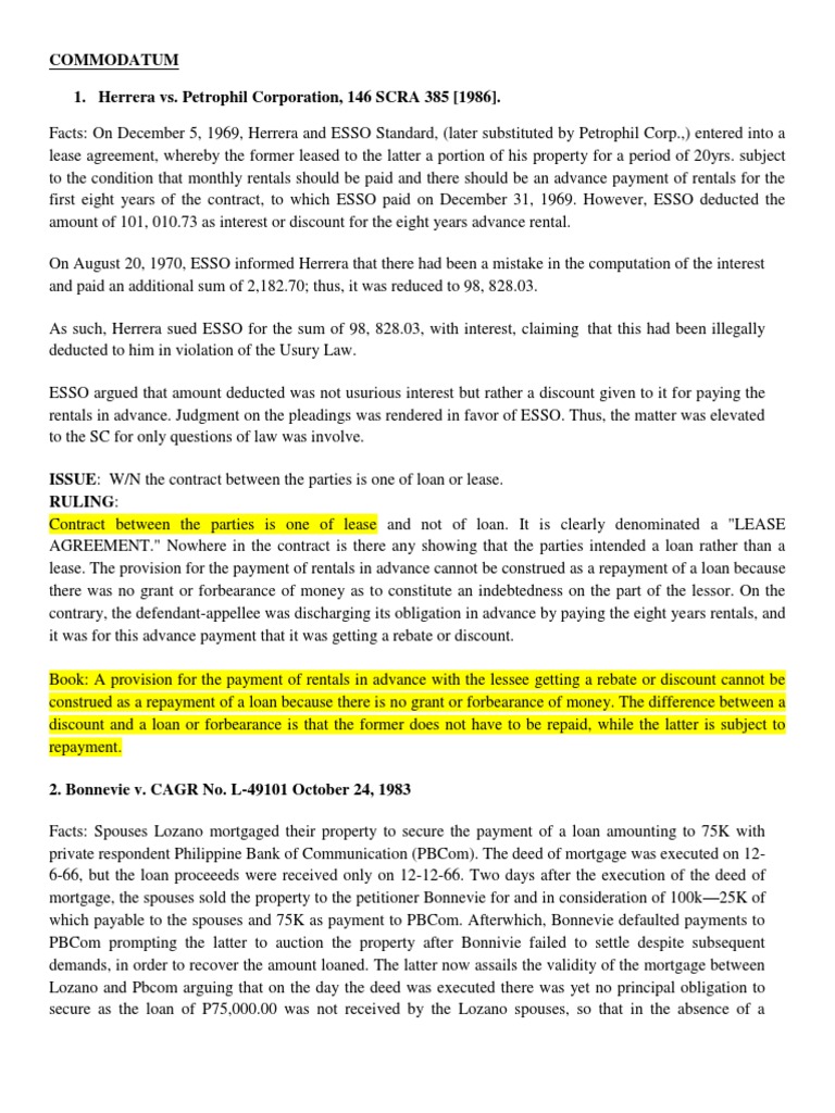 Commodatum 1. Herrera vs. Petrophil Corporation, 146 SCRA 385 (1986 ...