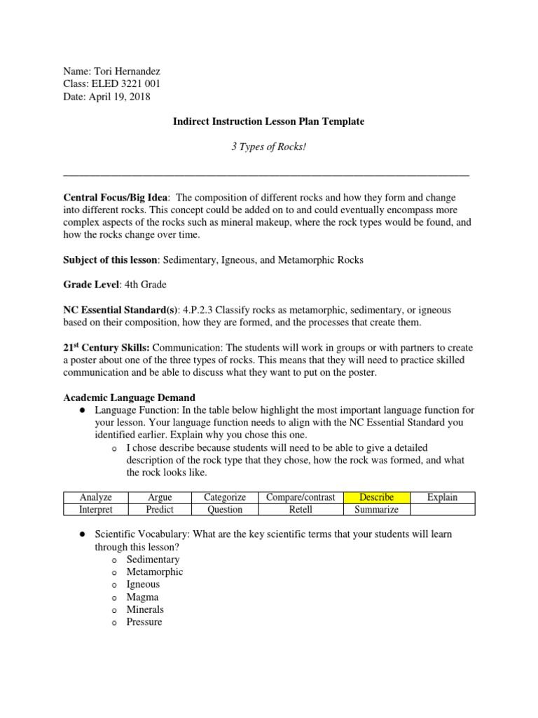 Grade 5 Lesson Plan: Types of Rocks | PDF | Rock (Geology ...