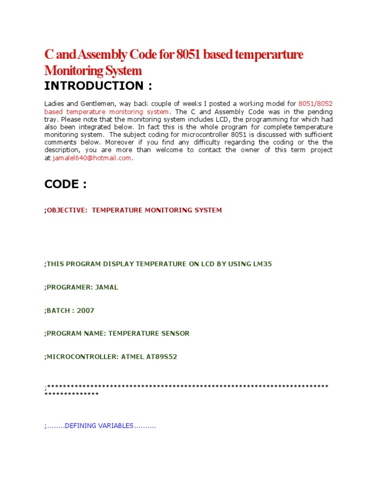 C and Assembly Code For 8051 Based Temperarture Monitoring System | PDF | Subroutine | Computer ...