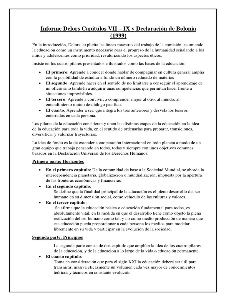 Informe Delors Capítulos VII | PDF | Vida | Conocimiento