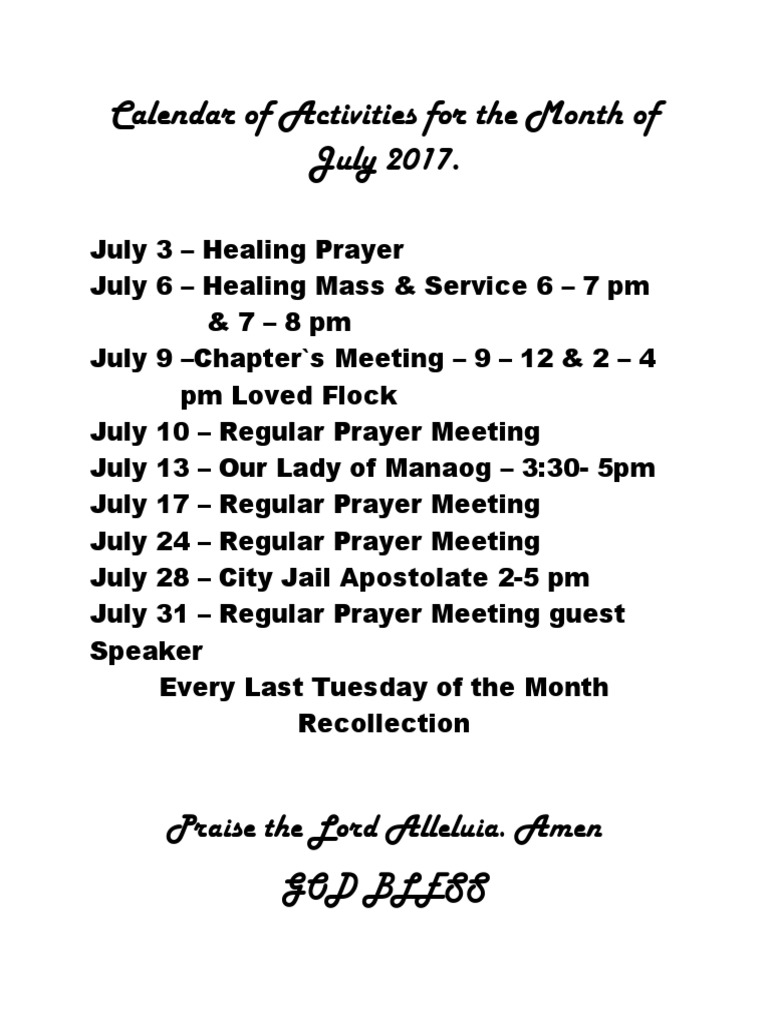 Calendar of Activities For The Month of July 2017.: Praise The Lord ...