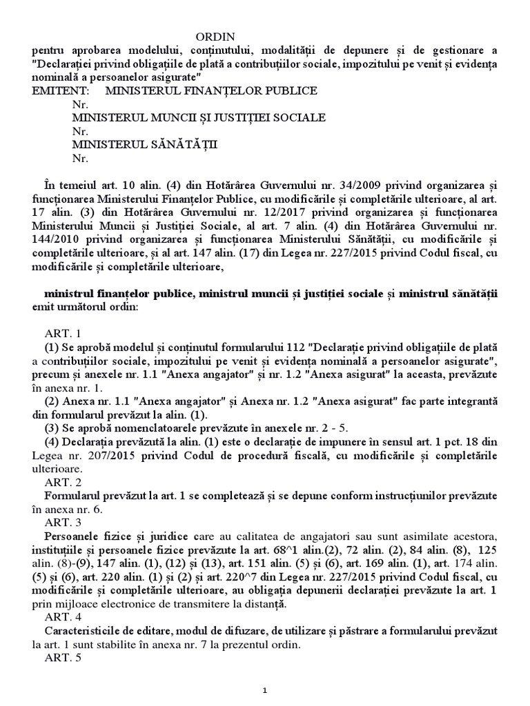 Proiect Ordin Modificare Declaratie 112 | PDF