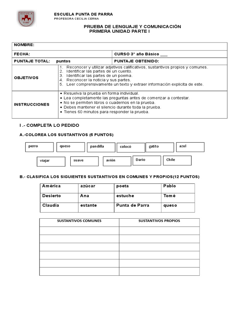 Prueba Lenguaje Tercero | PDF | Lectura (proceso)