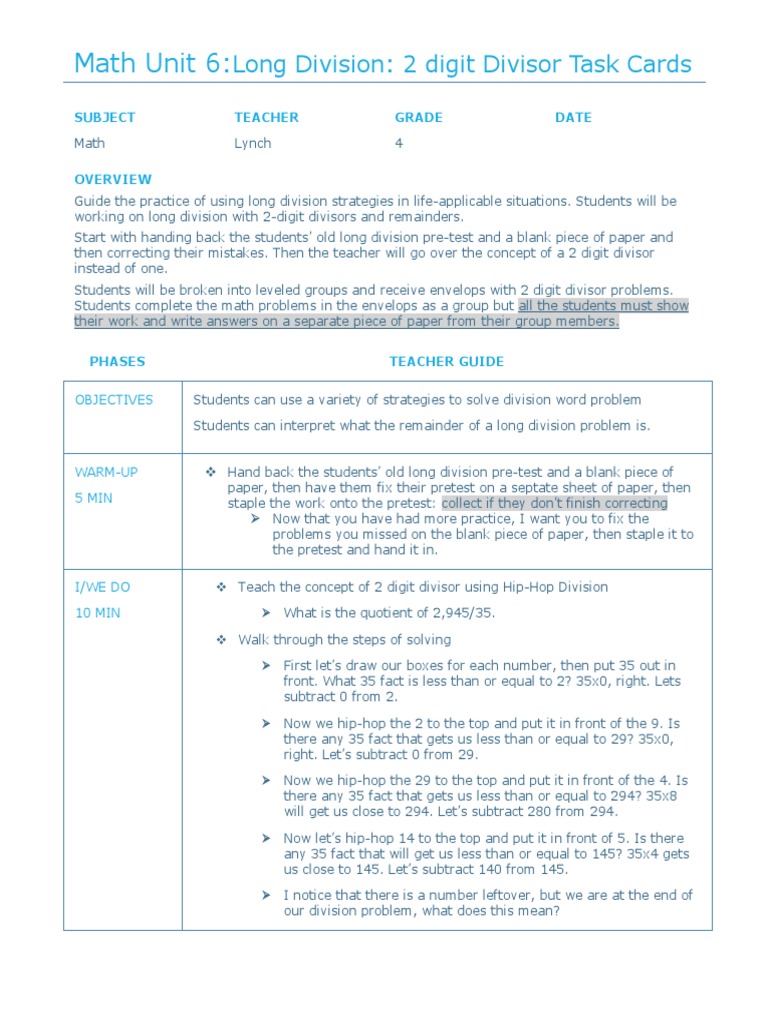 Pinewood Math Long Division 2 Digit Divisor Task Cards | PDF | Division ...