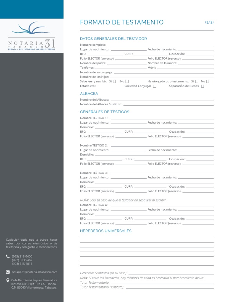 Formato de Testamento | PDF | Voluntad y testamento | Parentesco y descenso