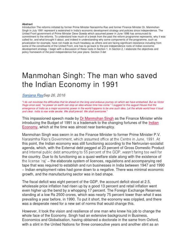 Manmohan Singh: The Man Who Saved The Indian Economy in 1991 | Download Free PDF | International ...