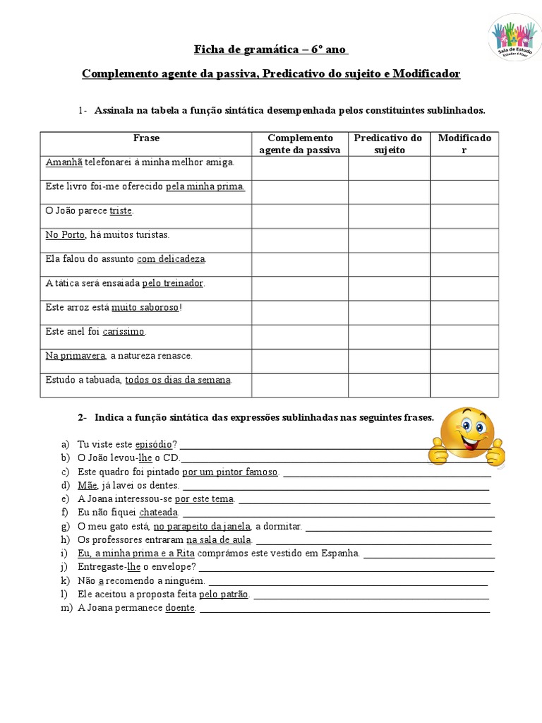 Funções sintáticas: Complemento agente da passiva, Predicativo do ...