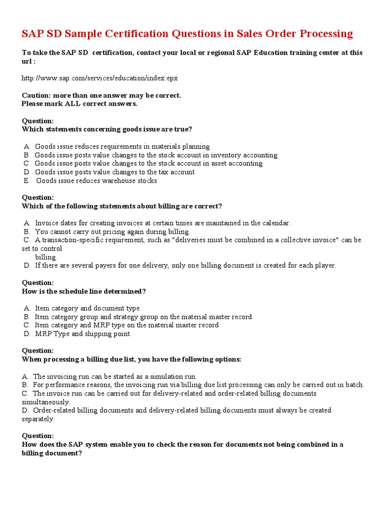 SAP SD Certification Sample Questions | PDF | Invoice | Inventory