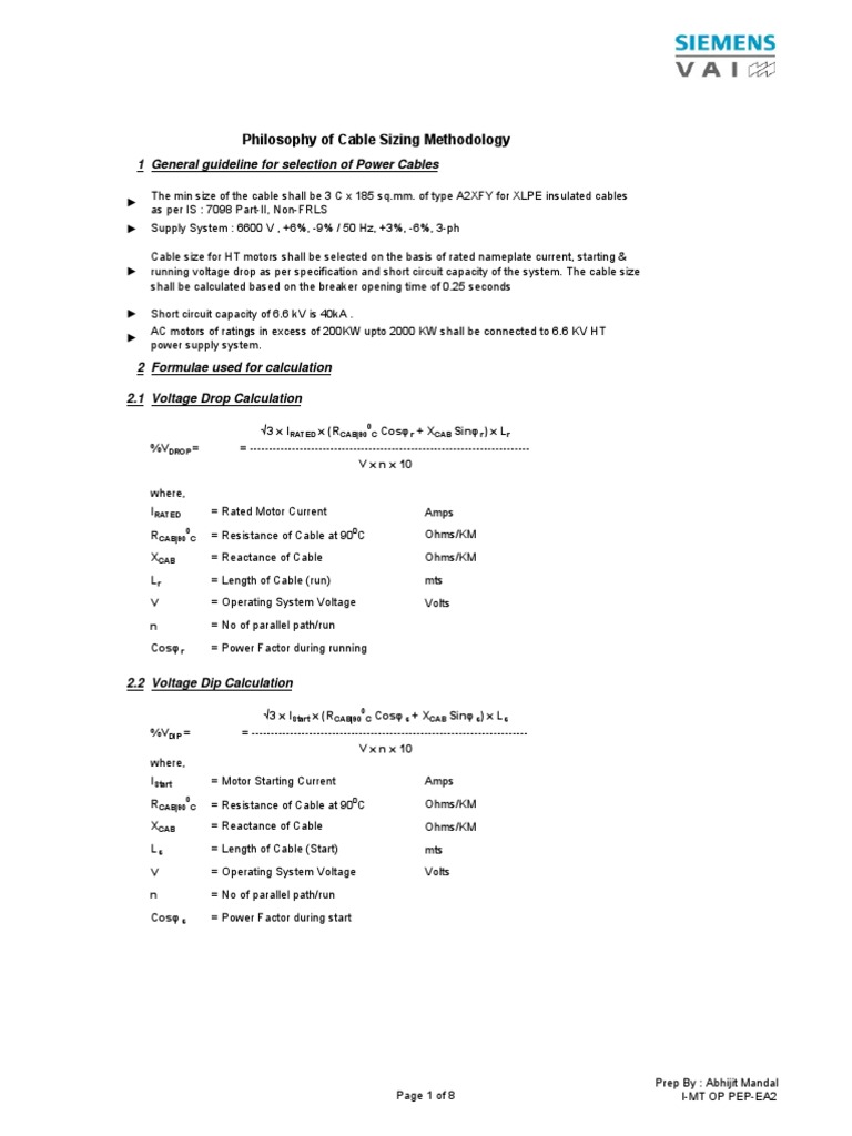 Cable Sizing Pdf Pdf Volt Electrical Resistance And Conductance