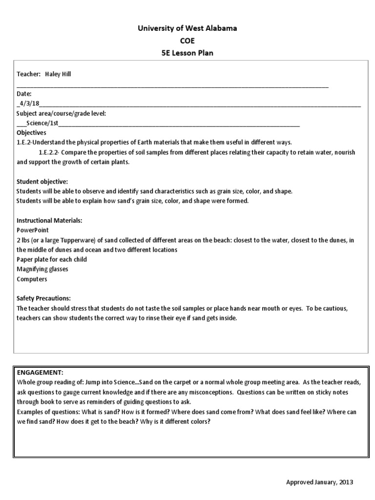 Uwa 5e Lesson Plan Sand | PDF | Science Education | Teachers