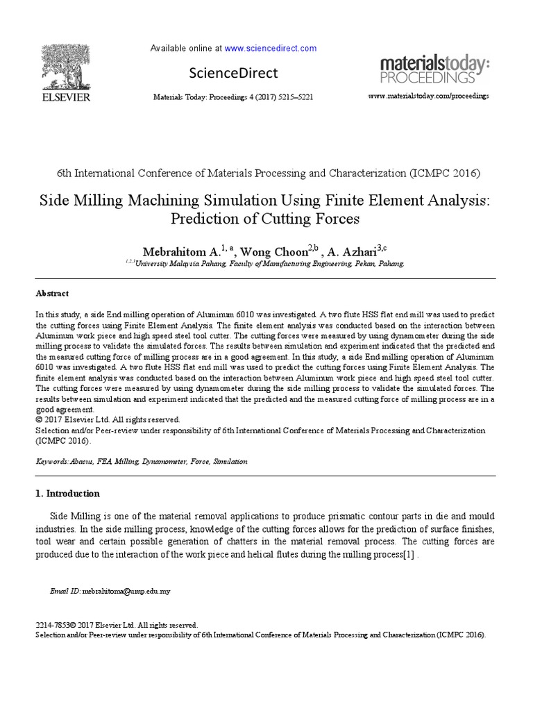 Side Milling Machining Simulation Using Finite Element Analysis Prediction Of Cutting Forces