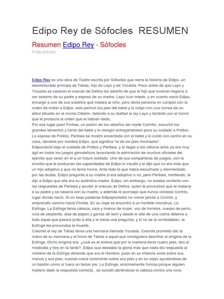 Edipo Rey de Sófocles RESUMEN | PDF | Edipo | Esfinge