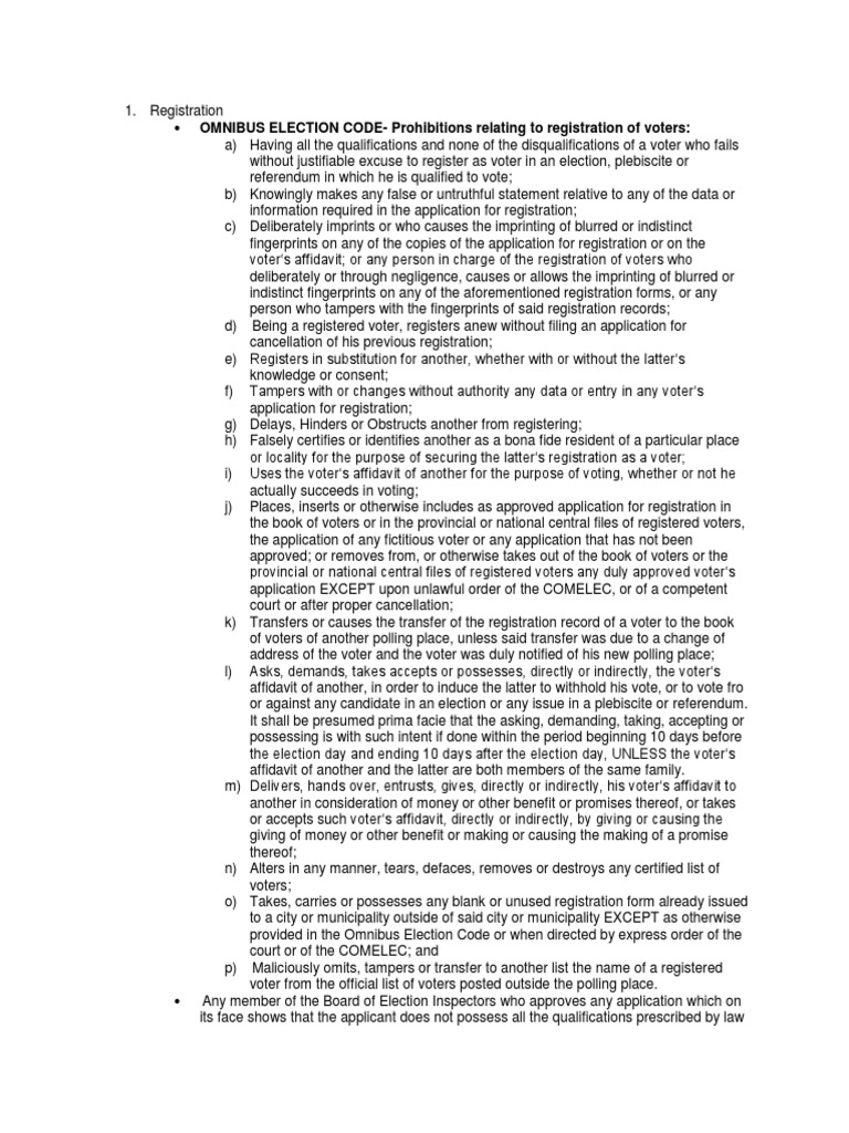 OMNIBUS ELECTION CODE-Prohibitions Relating To Registration of Voters ...