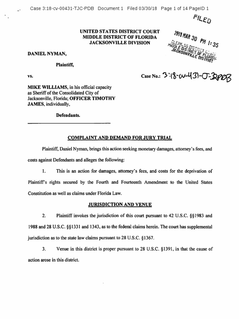 Daniel Nyman Lawsuit Vs Officer T James | PDF