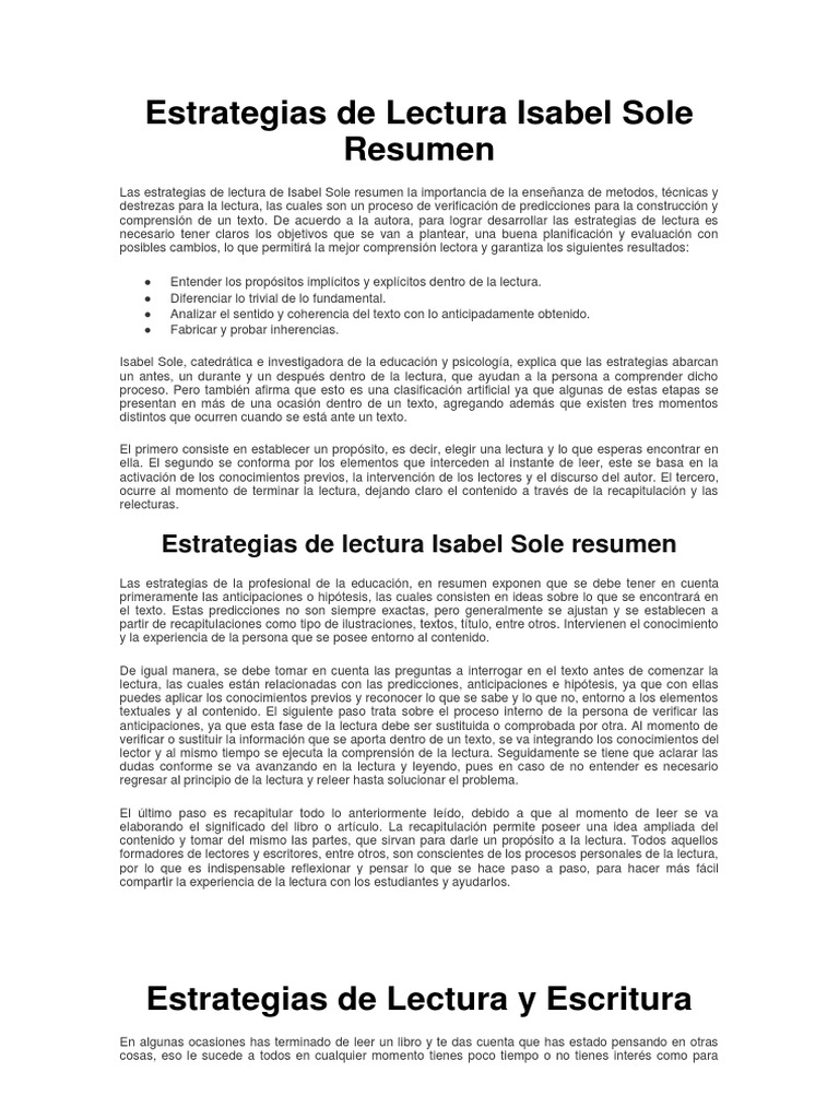 Estrategias de Lectura Isabel Sole Resumen | PDF | Escritura | Inteligencia