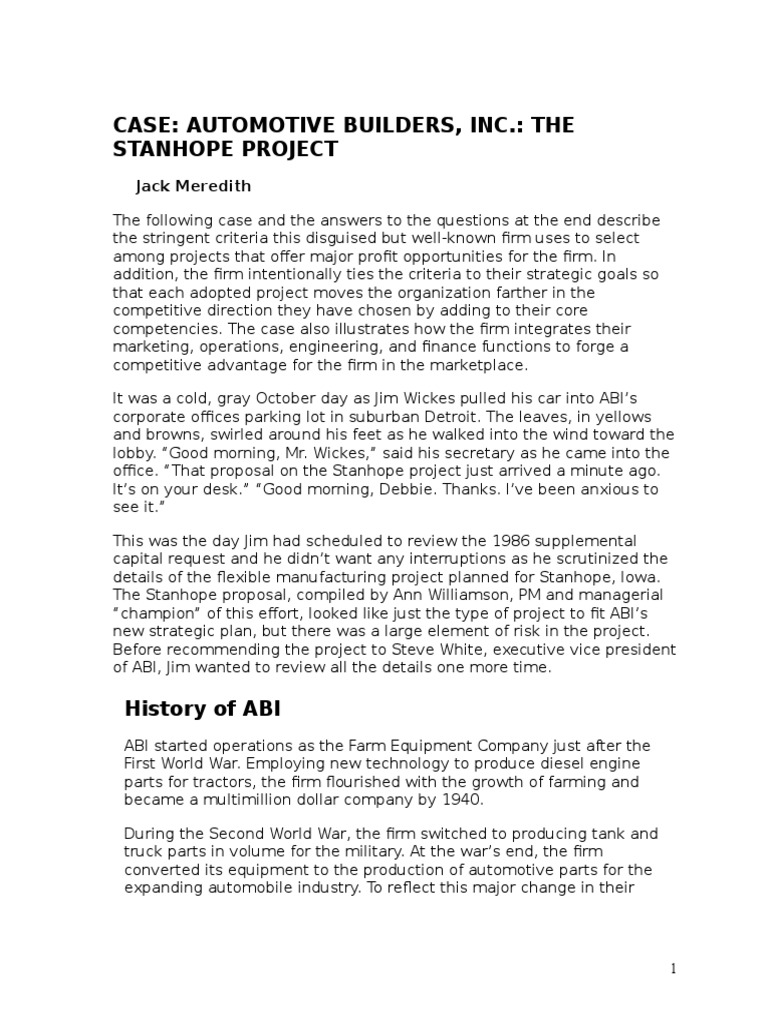 Evaluating the Risks and Rewards of a Major Capital Project: ABI's Proposal for the Stanhope ...