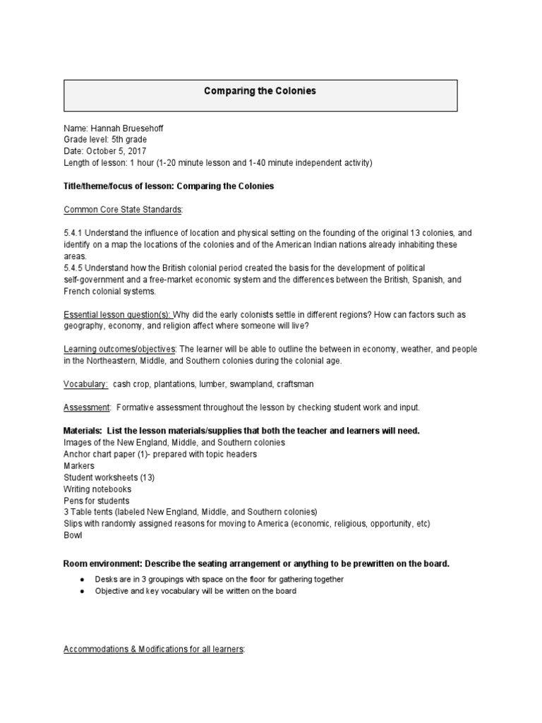 Comparing The Colonies Lesson Plan | Download Free PDF | Reading ...
