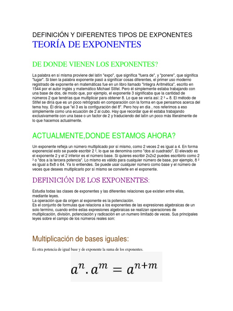 Definición y Diferentes Tipos de Exponentes | PDF | Exponenciación ...