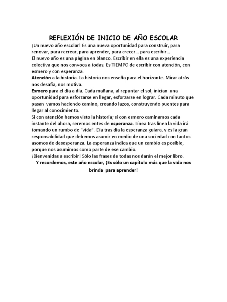 Reflexión de Inicio de Año Escolar | PDF