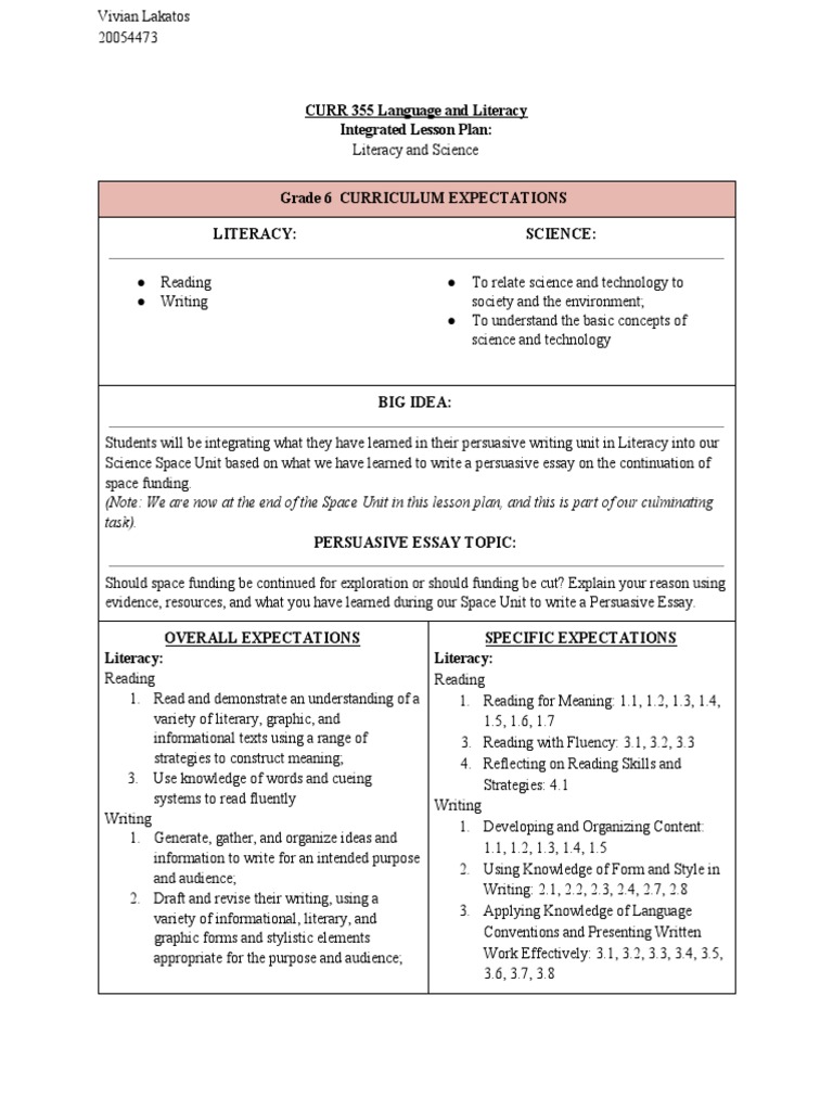 Curr 355 Final Integrative Assignment Lesson Plan Vivian Lakatos | PDF ...