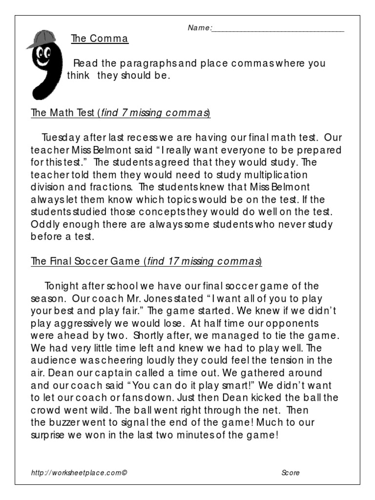 Comma Worksheet Paragraphs PDF | PDF | Association Football | Sports