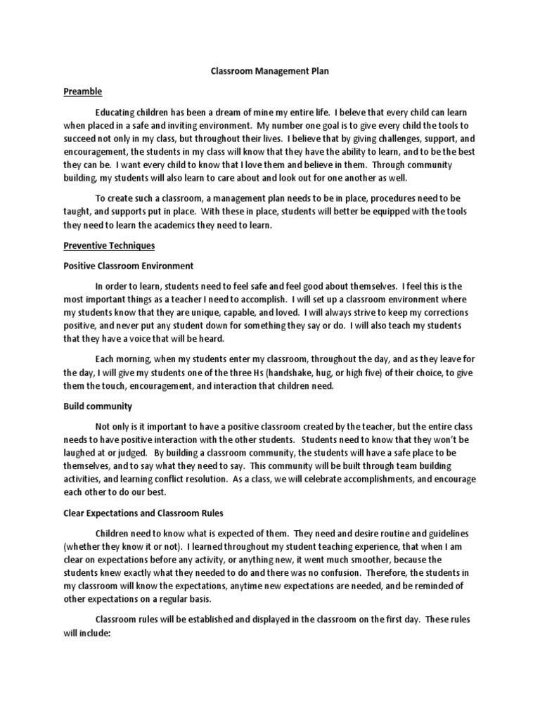 Classroom Management Plan | PDF | Classroom Management | Classroom