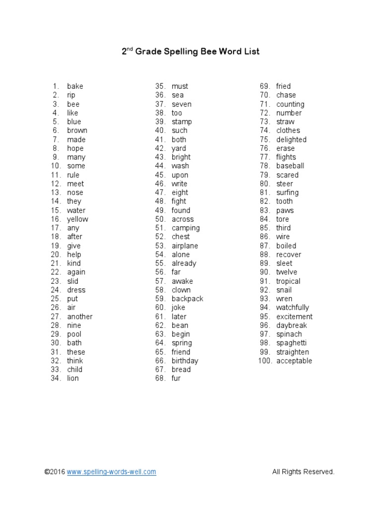2nd Grade Spelling Words List
