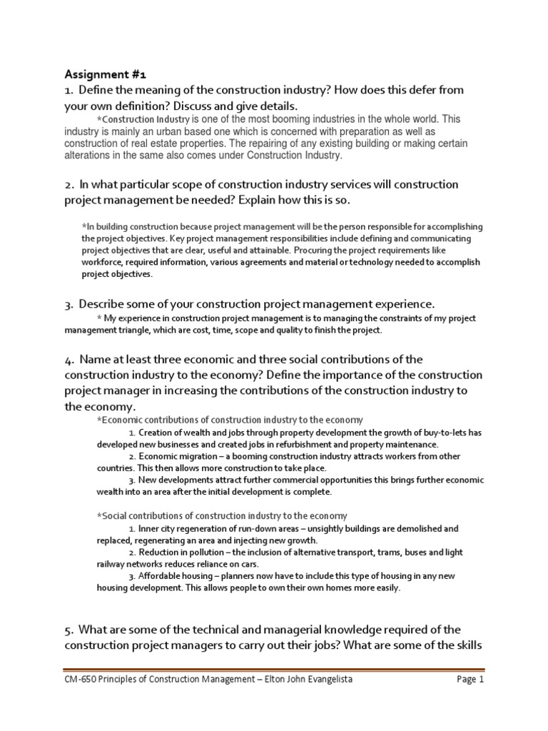 Assignment #1 | PDF | Project Manager | Construction Management