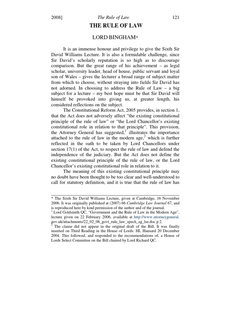 Lord Bingham of Cornhill's Lecture On Rule of Law | PDF