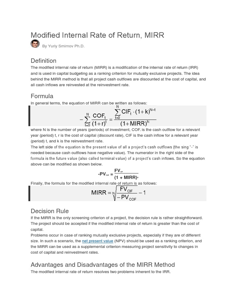 Modified Internal Rate of Return | PDF | Internal Rate Of Return | Net Present Value
