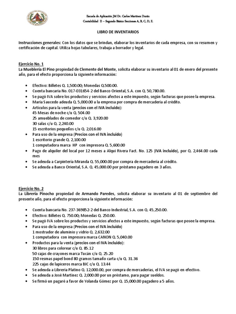 Libro de Inventarios - Ejercicios | PDF | Bancos | Contabilidad