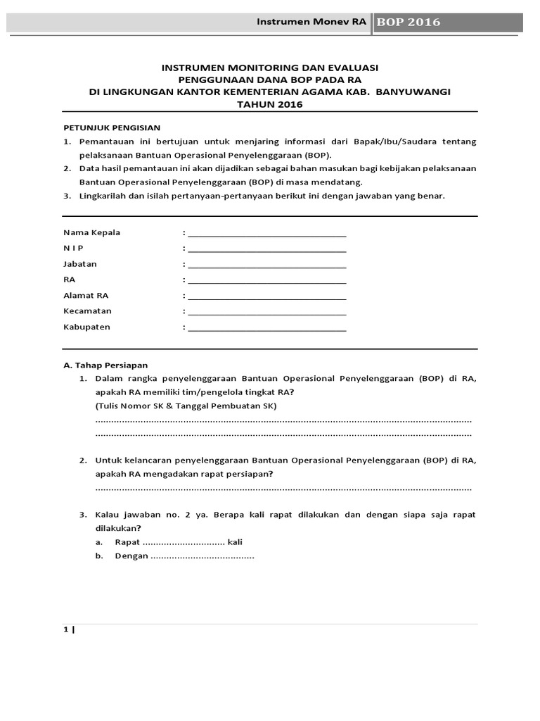 Instrumen Monev Bop Tahun 2016 | PDF