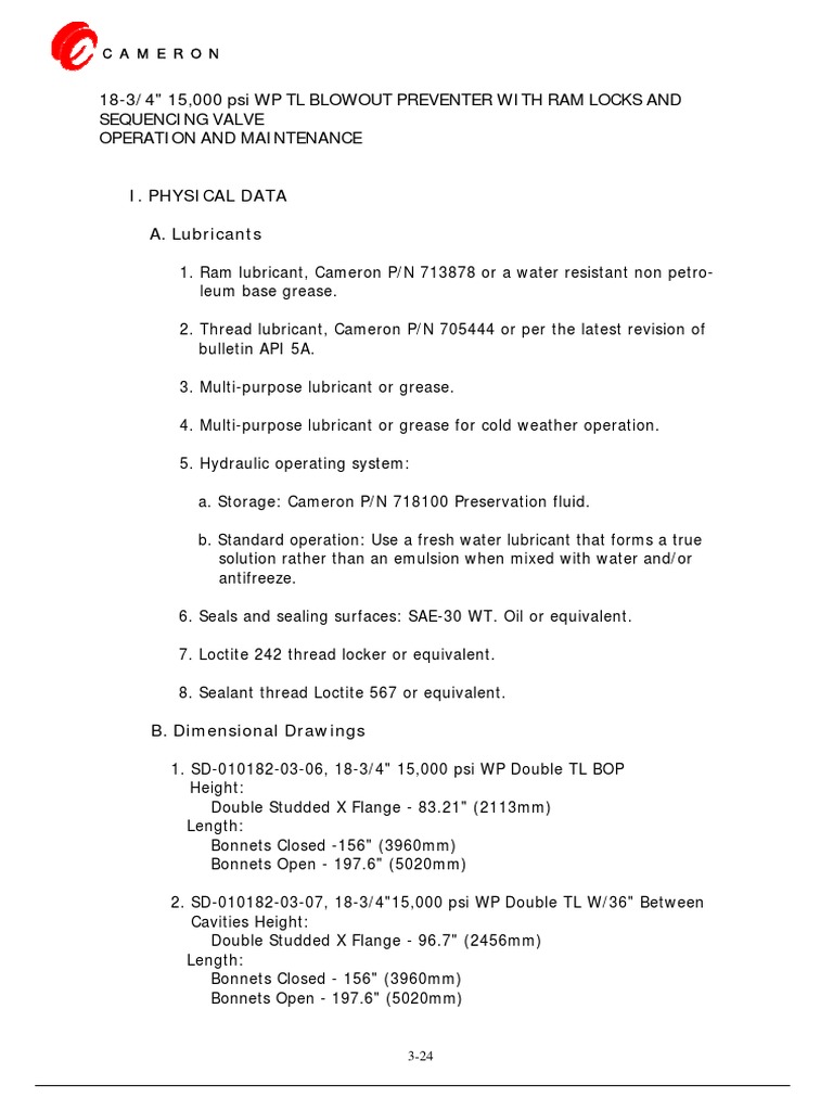 Cameron 15K TL BOP Operation Manual | PDF | Piston | Screw