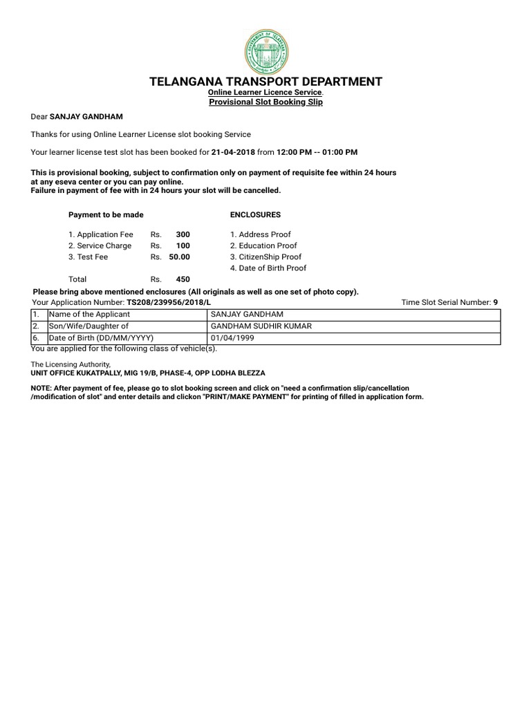 Application For The Grant of Learener's Licence | PDF | Driver's ...