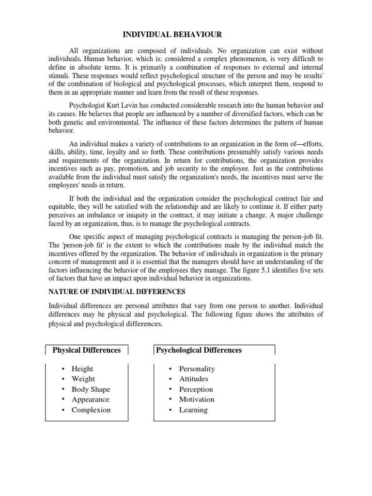 Understanding Individual Behavior in Organizations: An Analysis of the ...