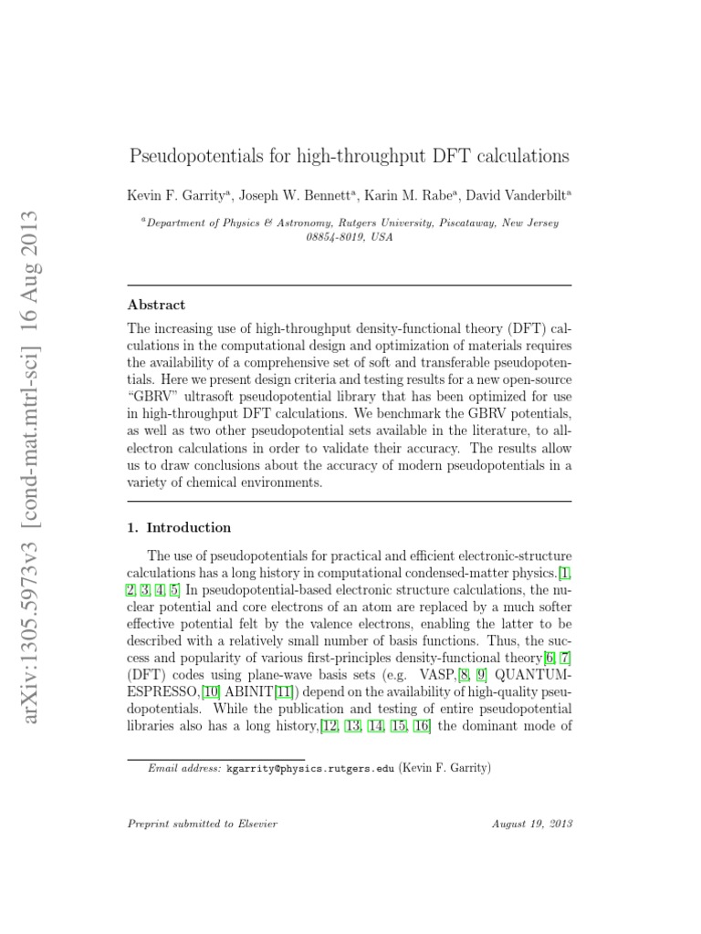 Pseudopotentials For High-Throughput DFT Calculations | PDF | Ionic Bonding | Density Functional ...