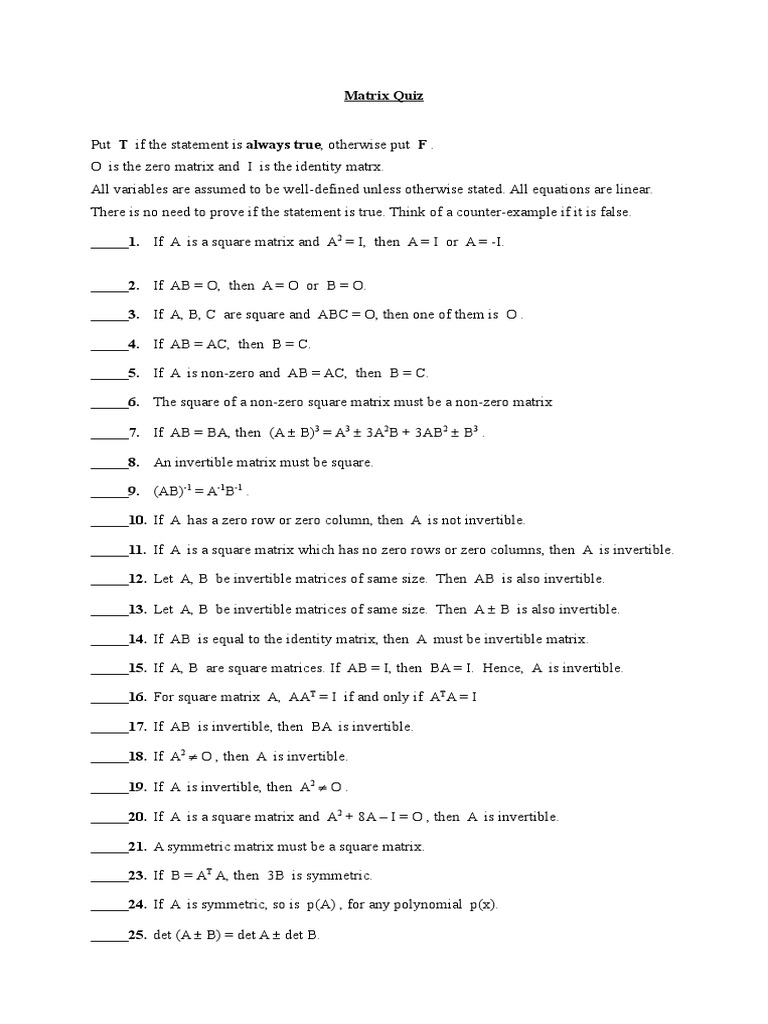 Matrix Quiz | PDF | Matrix (Mathematics) | Linear Algebra