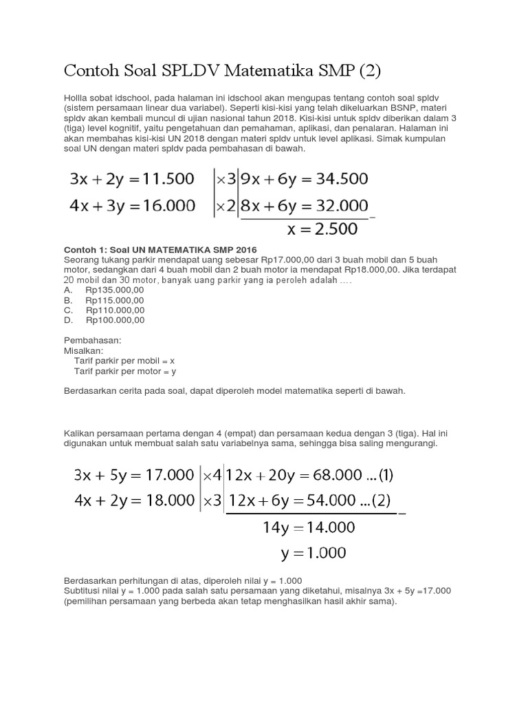 Contoh Soal SPLDV Matematika SMP | PDF