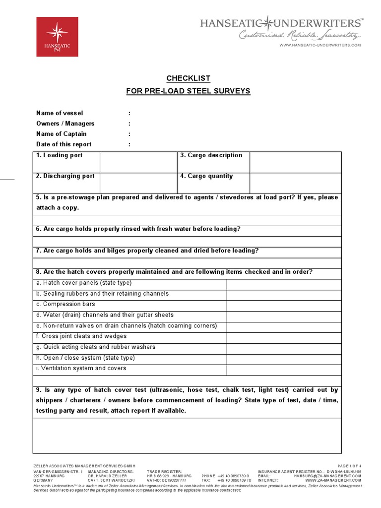 PandI Preload Checklist | PDF | Cargo | Stevedore